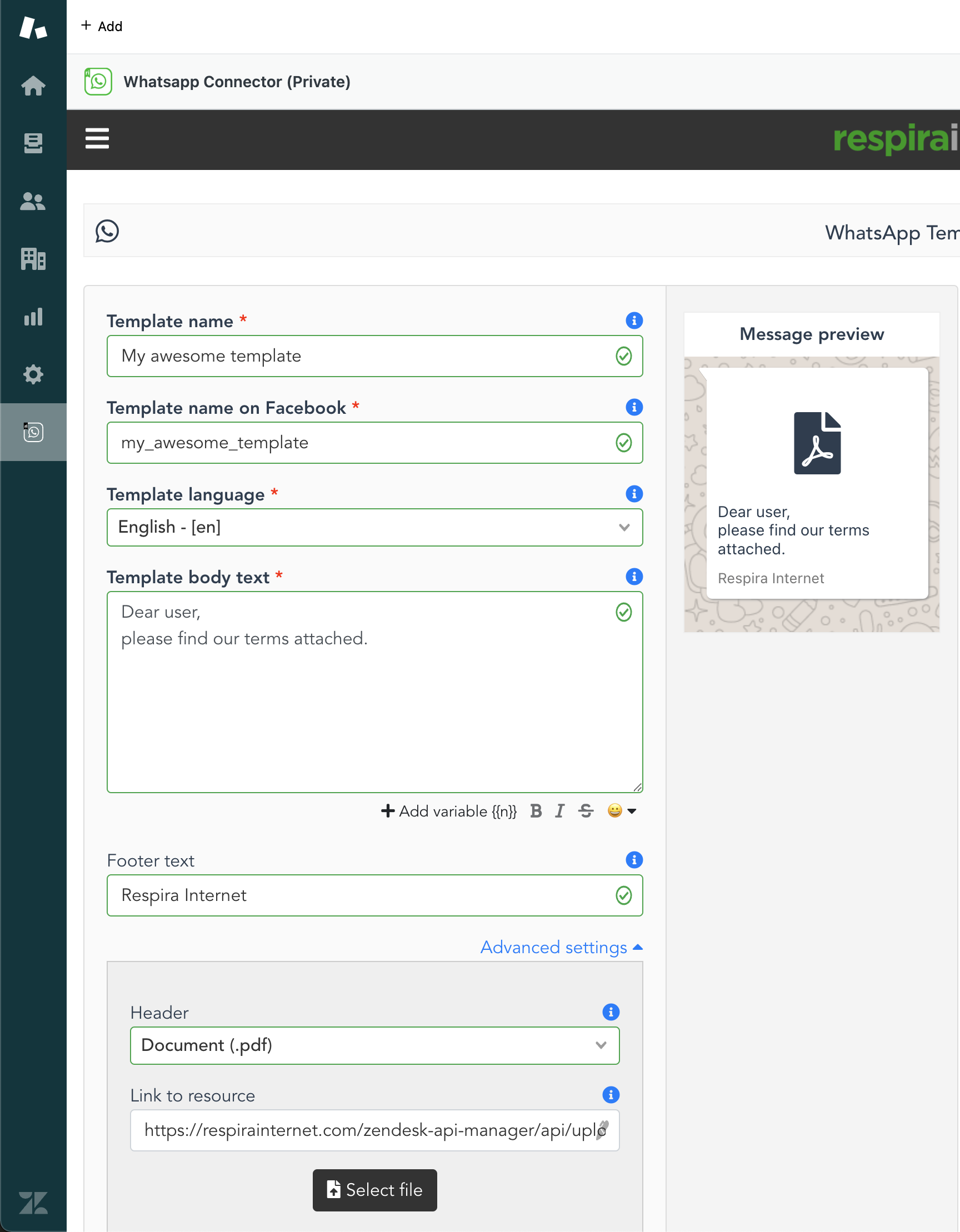 Sending WhatsApp messages with .pdf documents – Whatsapp Connector for Zendesk